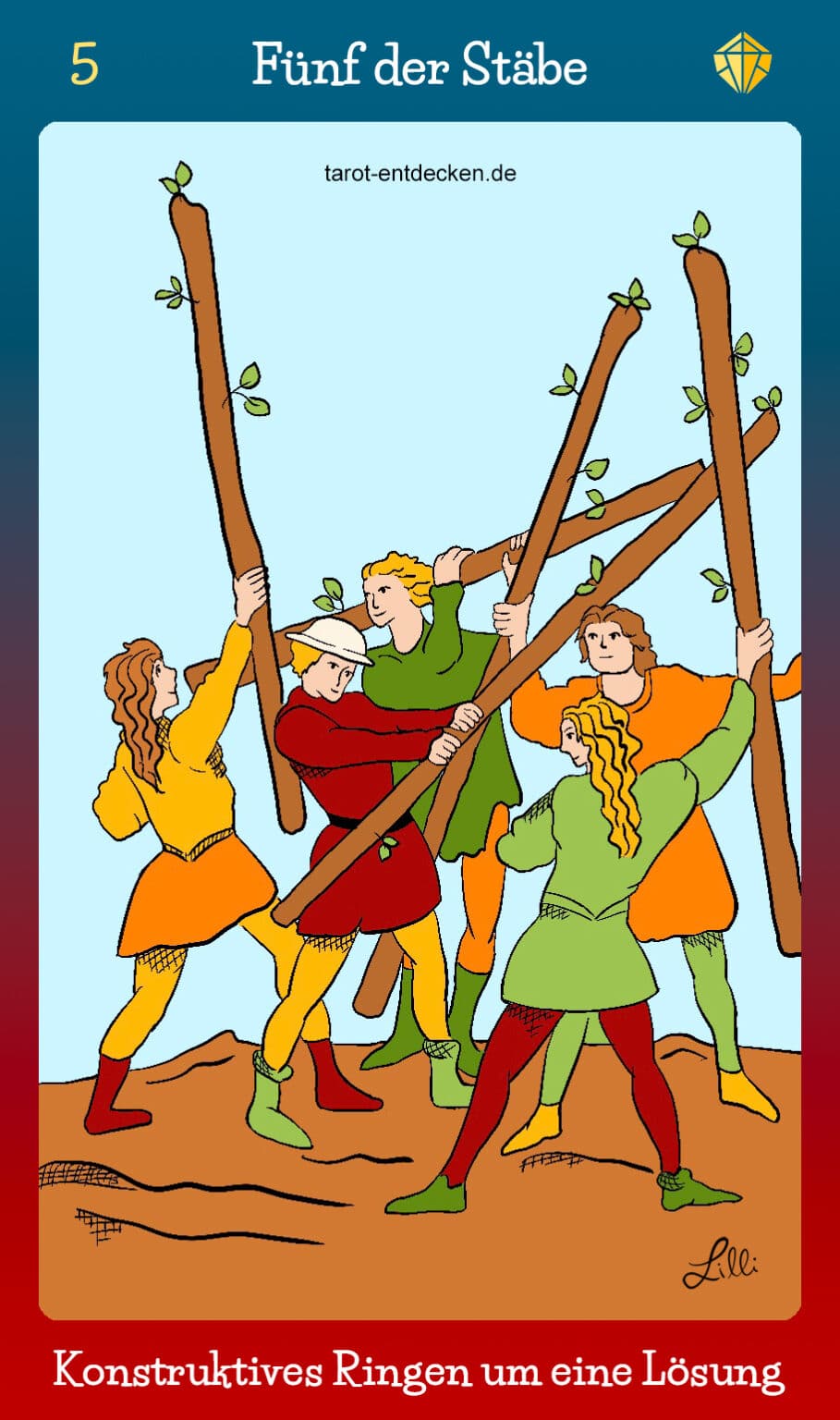 Bedeutung 🔎 Tarotkarte "Fünf der Stäbe" + umgekehrt